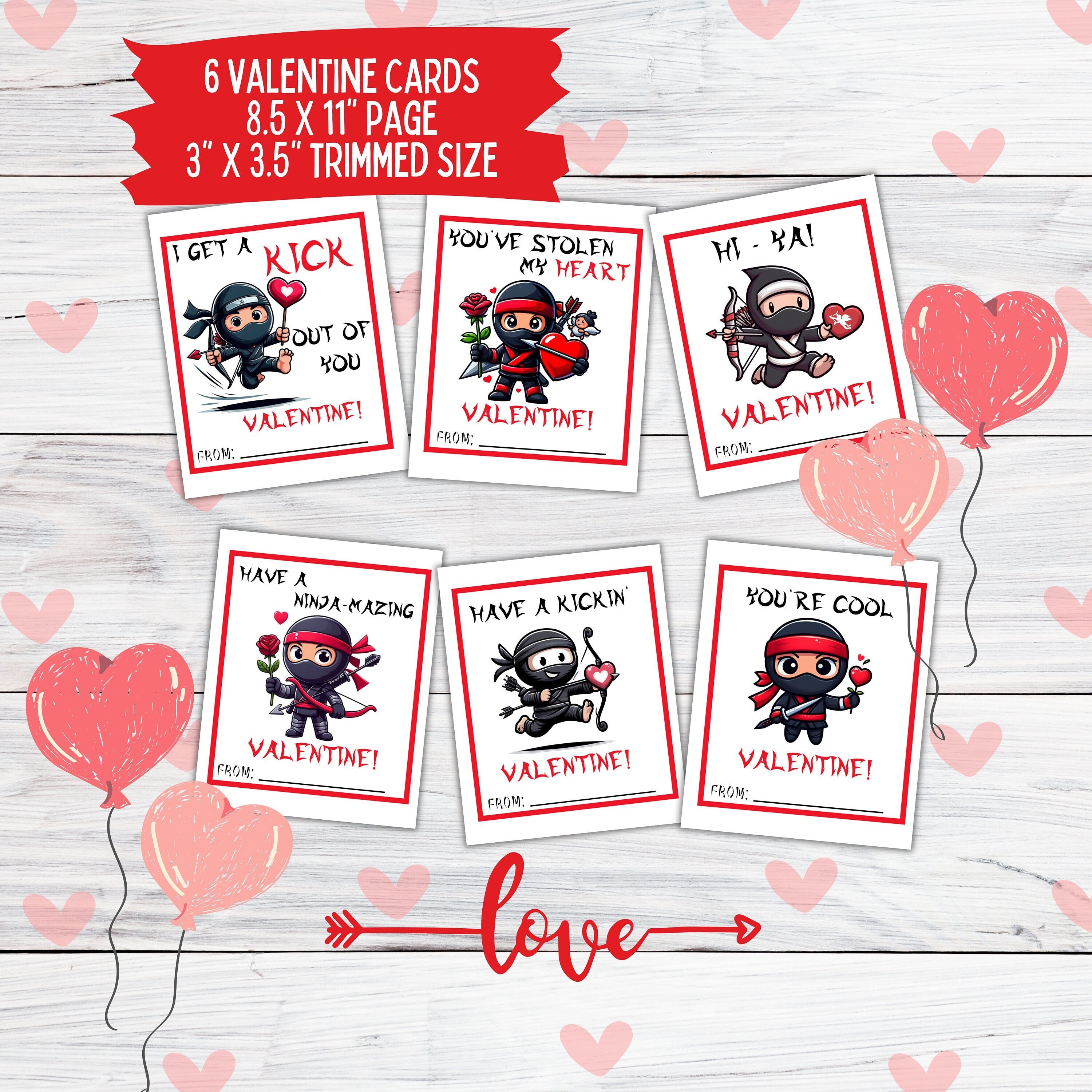Cute Simple Ninja Valentine Printable Cards for Kids, Punny Tween ...