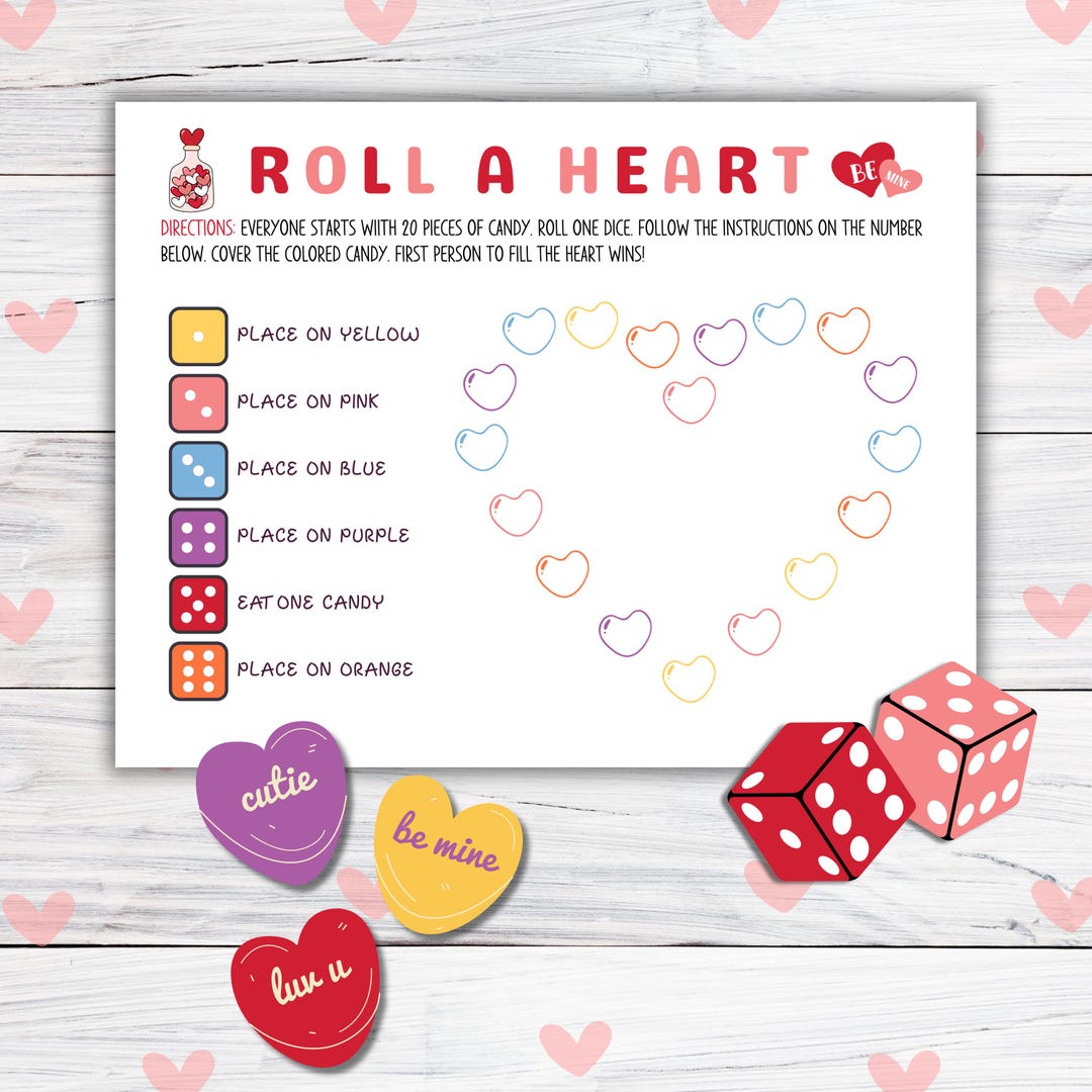 Valentine Roll a Heart Game, Printable Valentine Candy Dice Game ...