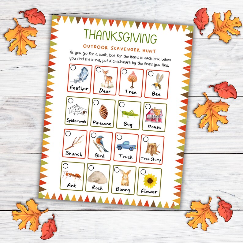 Thanksgiving Fun Outdoor Scavenger Hunt for Kids, Fall Printable Games ...