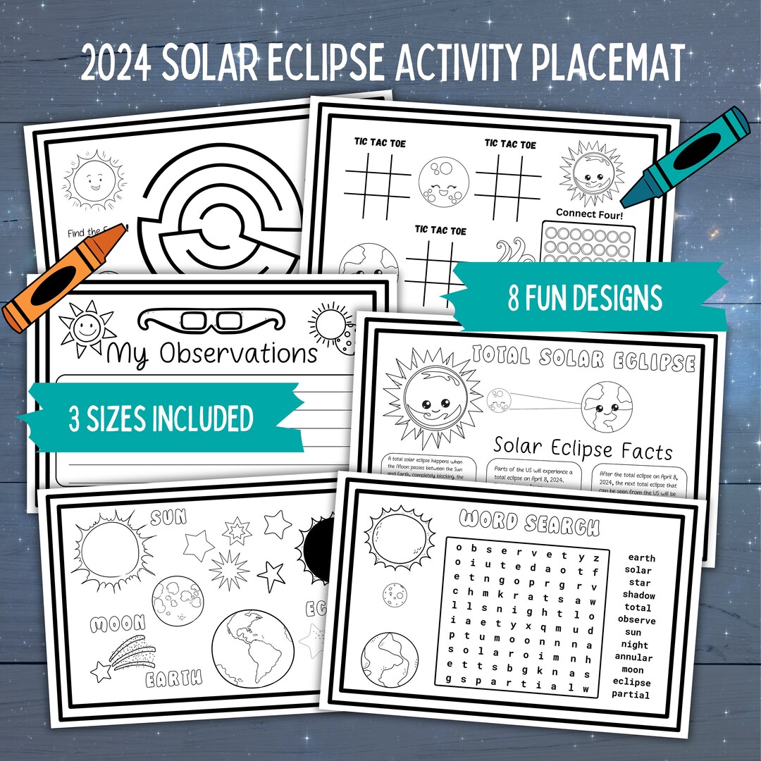 2024 Solar Eclipse Coloring Activity Placemat, April 8, 2024 Solar ...