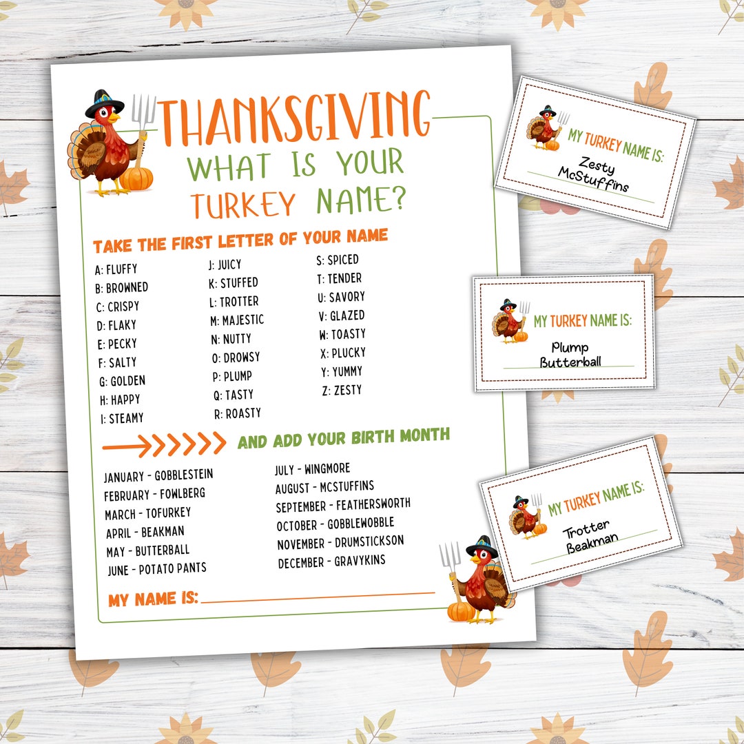 What is Your Turkey Name, Thanksgiving Fall Printable Games, Autumn ...