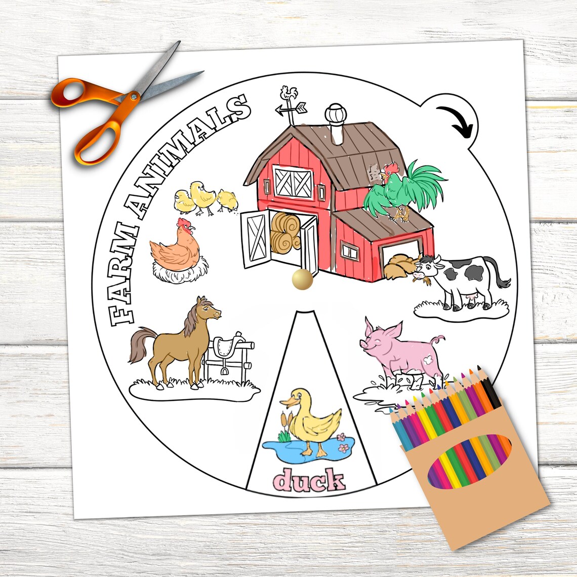 Farm Animals Coloring Wheel, Farm Theme Birthday Party Coloring Page ...
