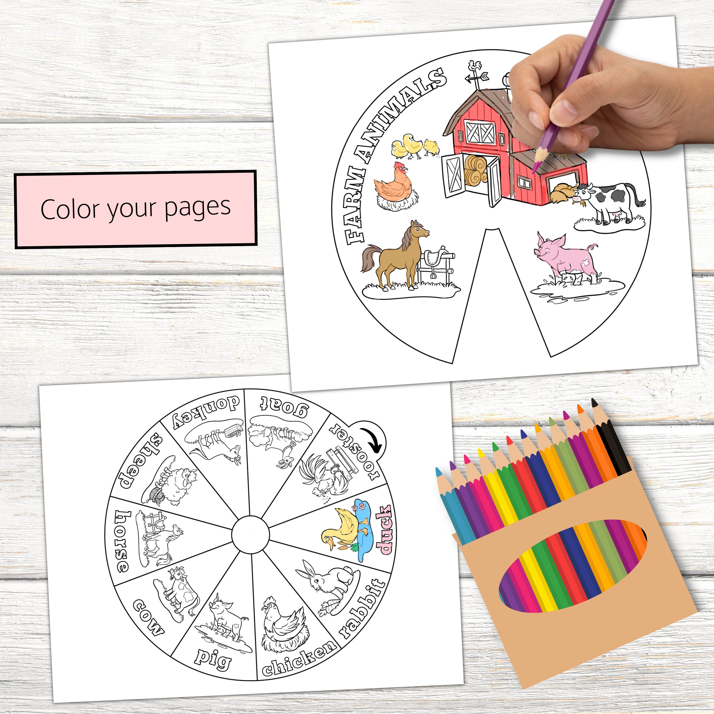 Farm Animals Coloring Wheel, Farm Theme Birthday Party Coloring Page ...