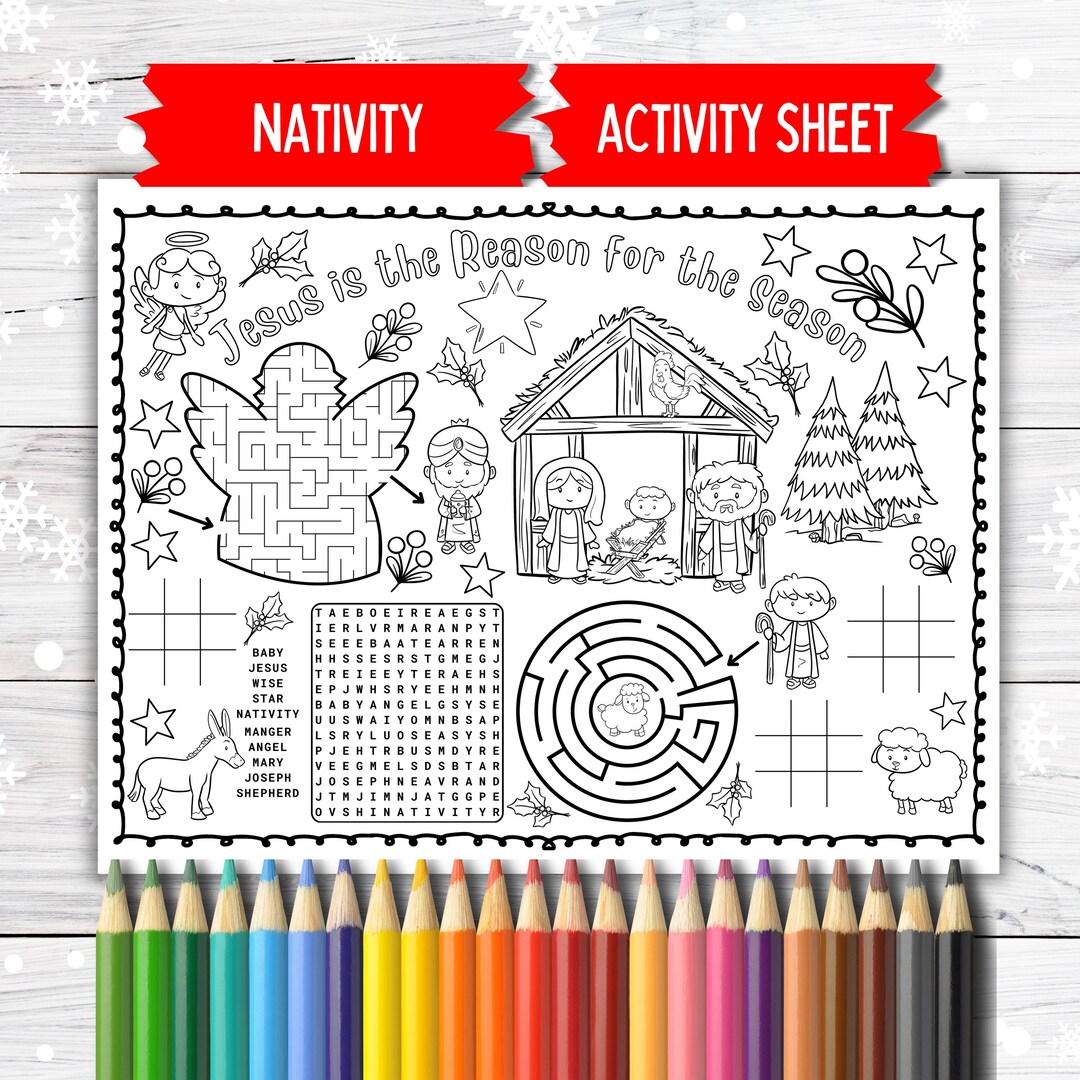 Nativity Coloring Activity Placemat, Printable Kids Nativity Bible ...