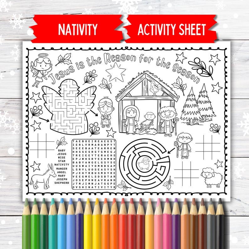Nativity Coloring Activity Placemat, Printable Kids Nativity Bible ...