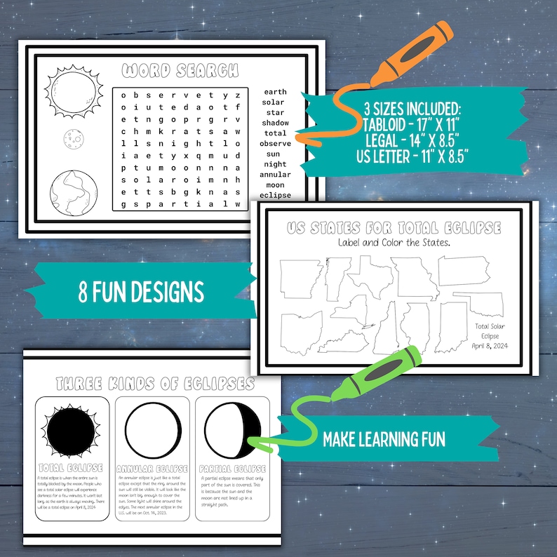 2024 Solar Eclipse Coloring Activity Placemat, April 8, 2024 Solar ...