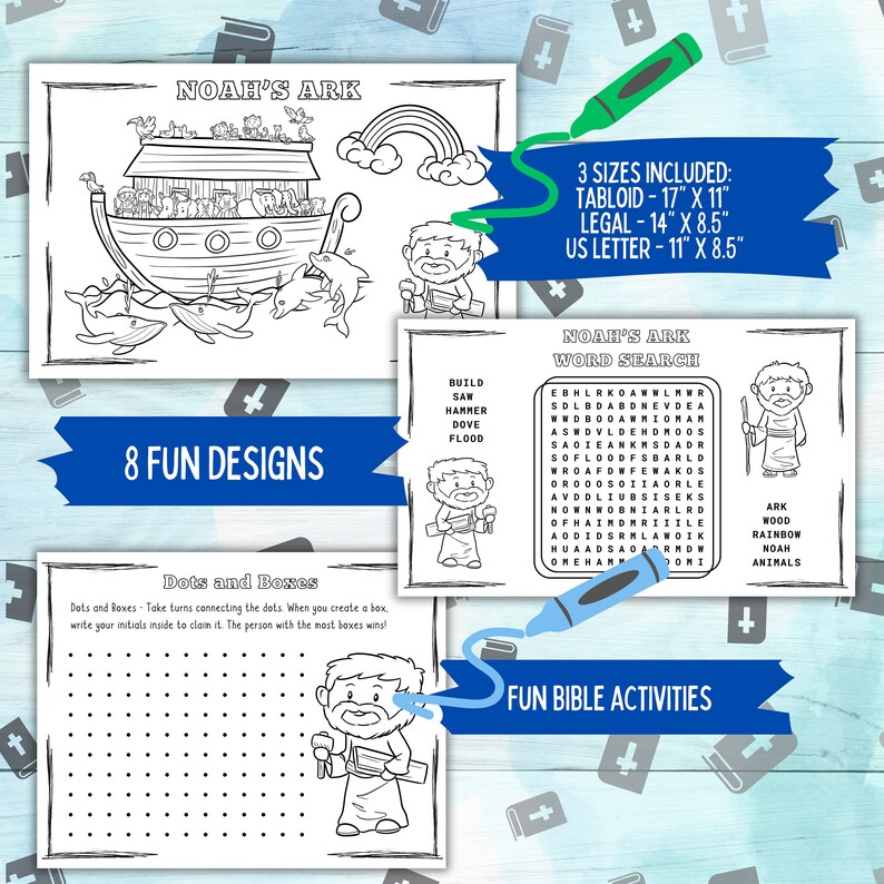 Noah's Ark Coloring Activity Placemat, Printable Childrens Bible ...