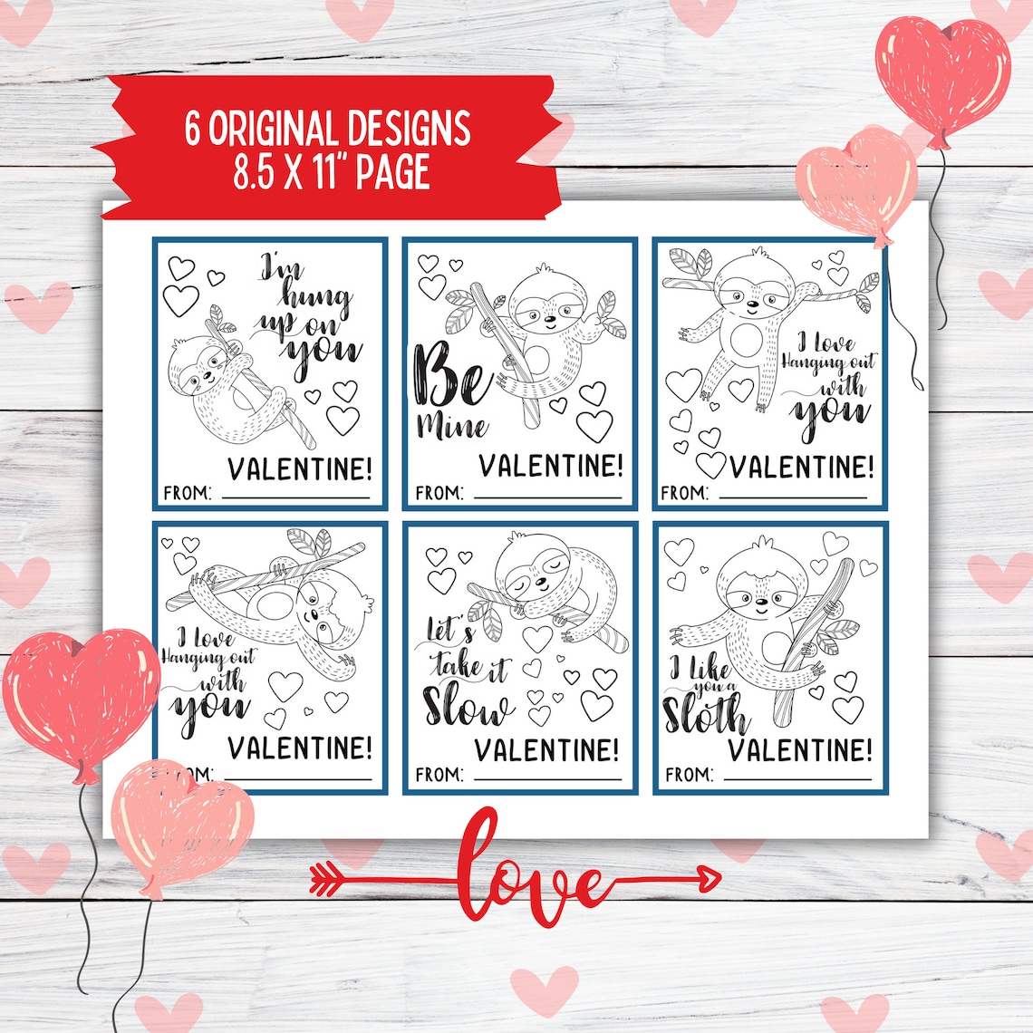 Cute Sloth Valentine Coloring Cards Printable, Simple Classmate Punny ...