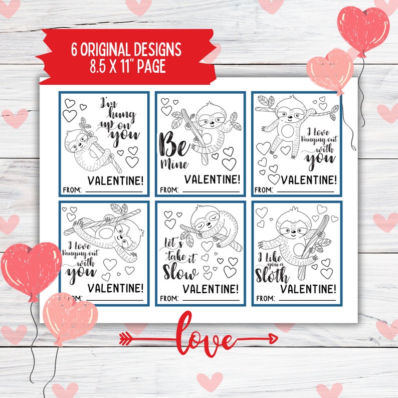 Cute Sloth Valentine Coloring Cards Printable, Simple Classmate Punny ...