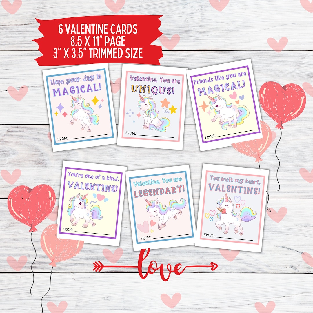 Unicorn Valentine Cards for Kids Printable, Cute Tween Valentines for ...