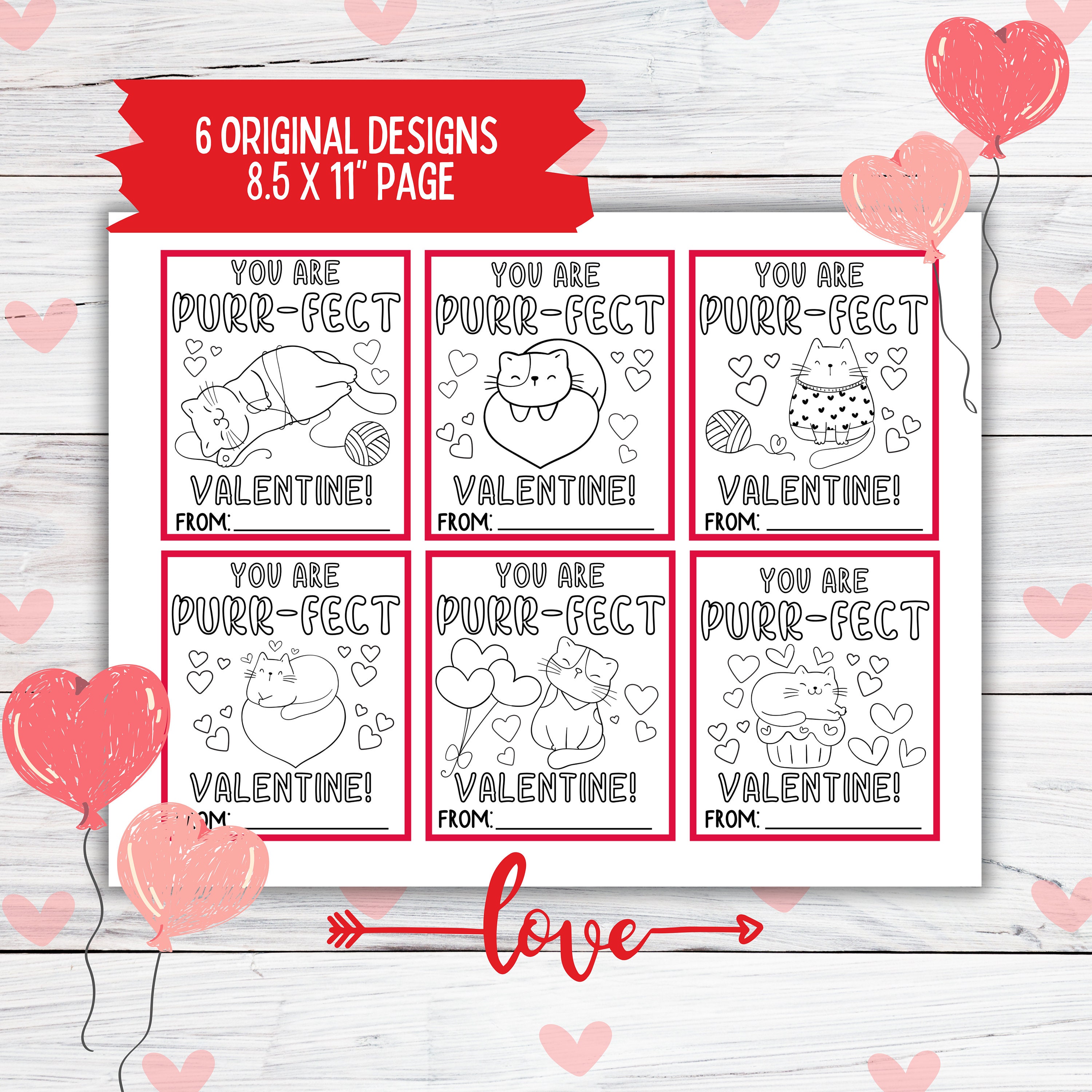 Cute Cat Valentine Coloring Cards Printable, Simple Classmate Punny ...