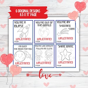 Space Valentine Coloring Cards for Kids, Punny Tween Valentines Class ...