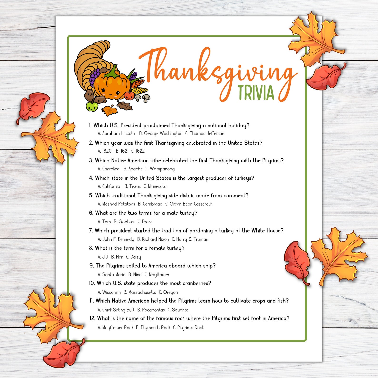 Thanksgiving Trivia Game, Printable Thanksgiving Game, Thanksgiving ...