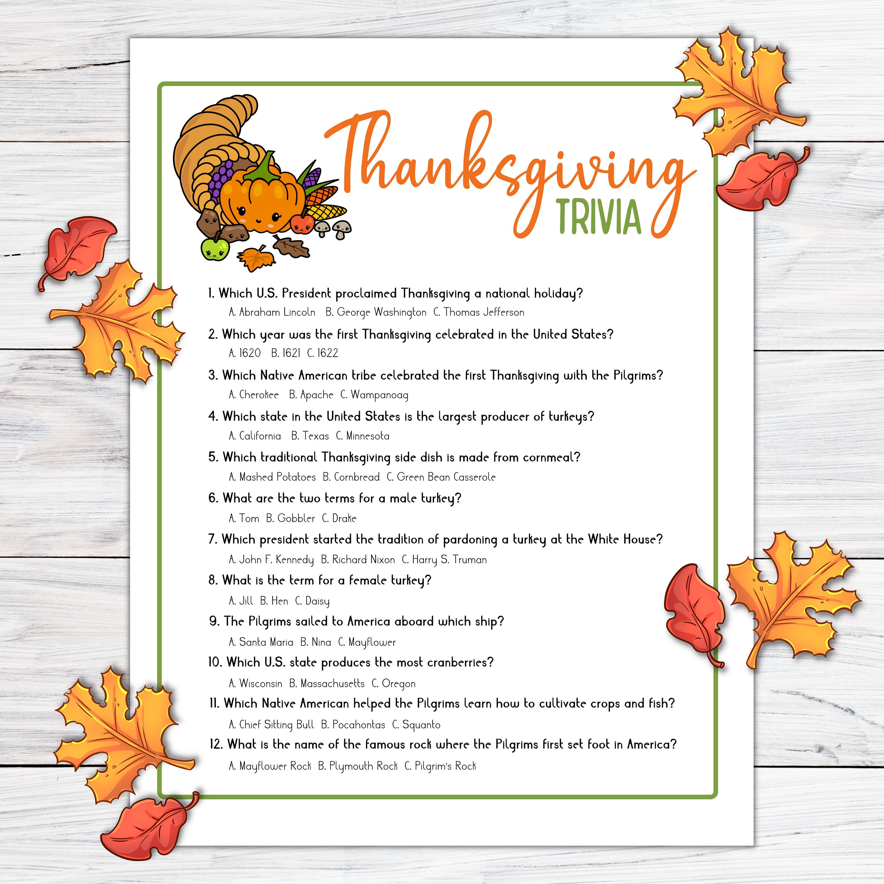 Thanksgiving Trivia Game, Printable Thanksgiving Game, Thanksgiving ...