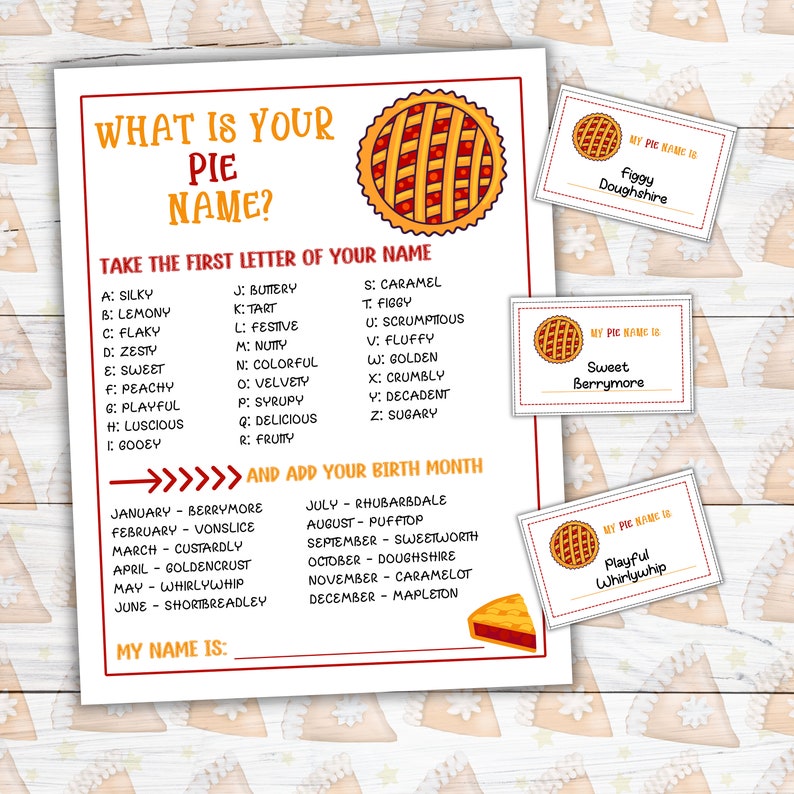 Pie Name Game, Thanksgiving Fall Printable Games, Pie Theme Party ...