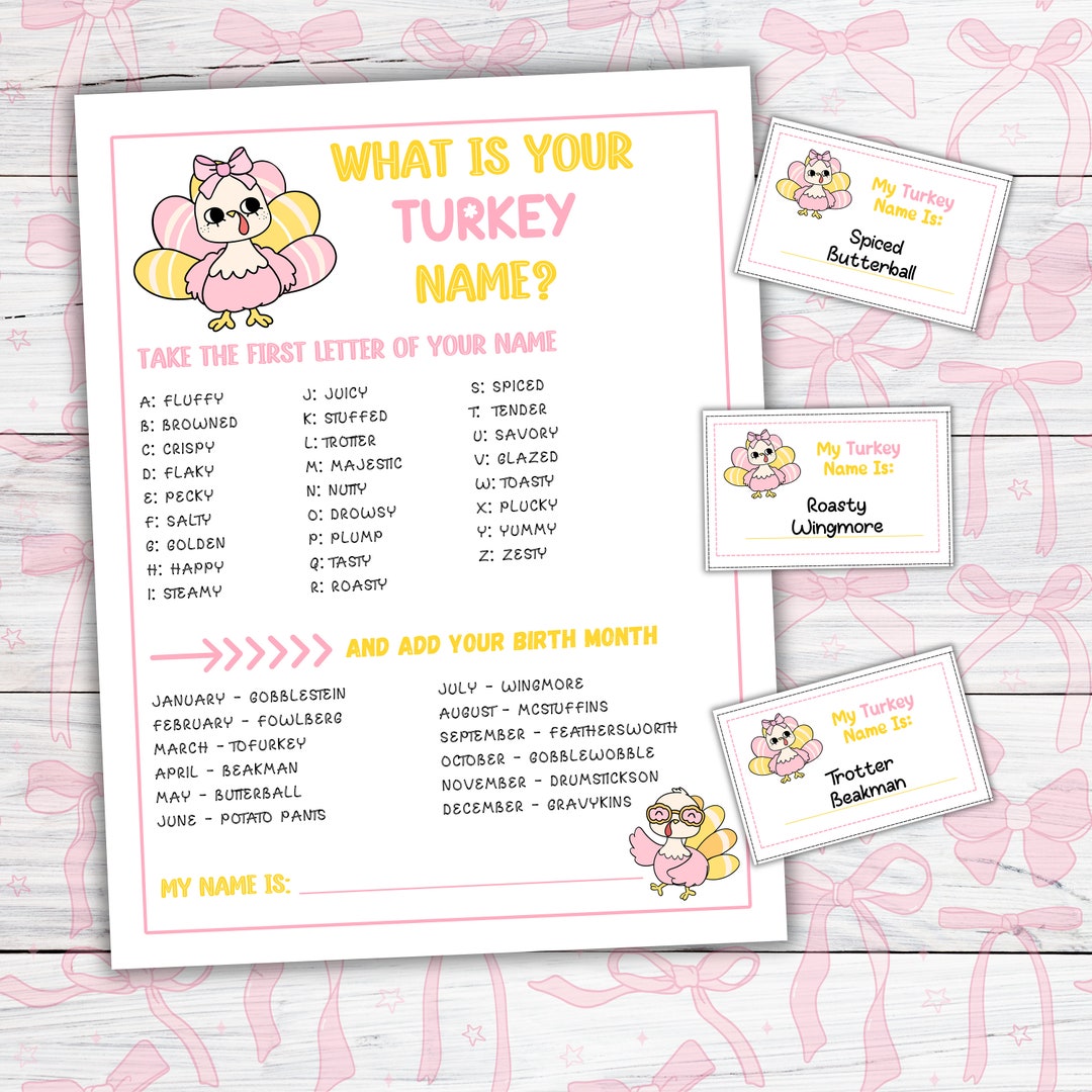 Coquette Turkey Name Game, Pink Coquette Thanksgiving Printable Party ...