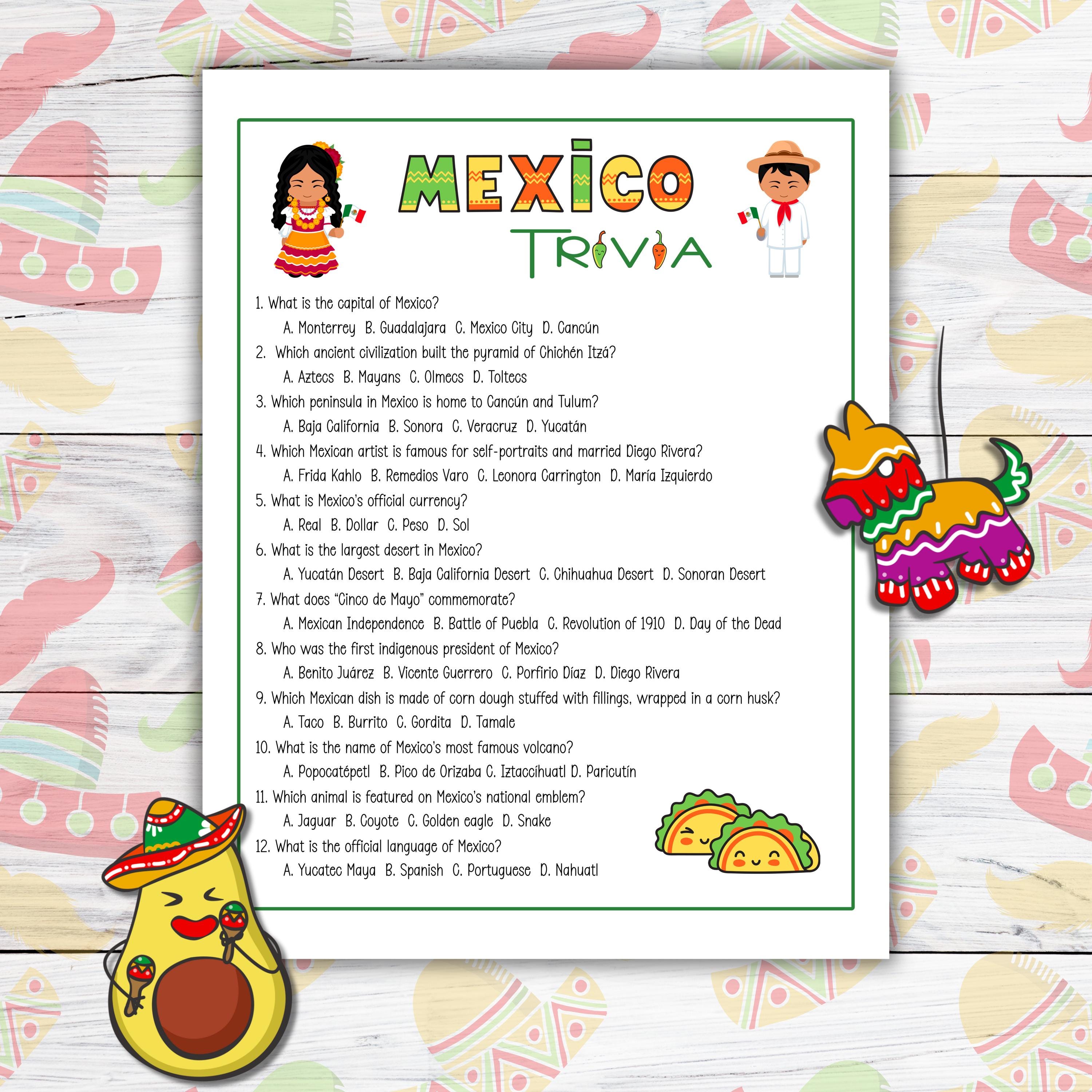 Mexican Trivia Game, Mexico Printable Fiesta Game, Cinco De Mayo Party ...