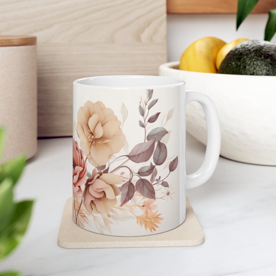 Boho Flower Ceramic Coffee Mug, Floral Vintage Tea Cup, Botanical Desk ...