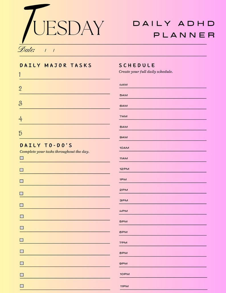 ADHD Productivity Planner Printable, Time Management Tracker, Cognitive ...
