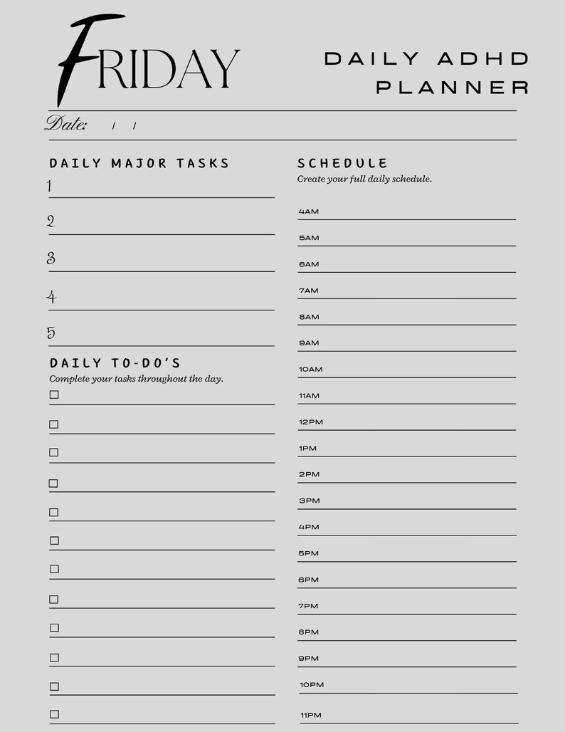 ADHD Productivity Planner Printable, Time Management Tracker, Cognitive ...