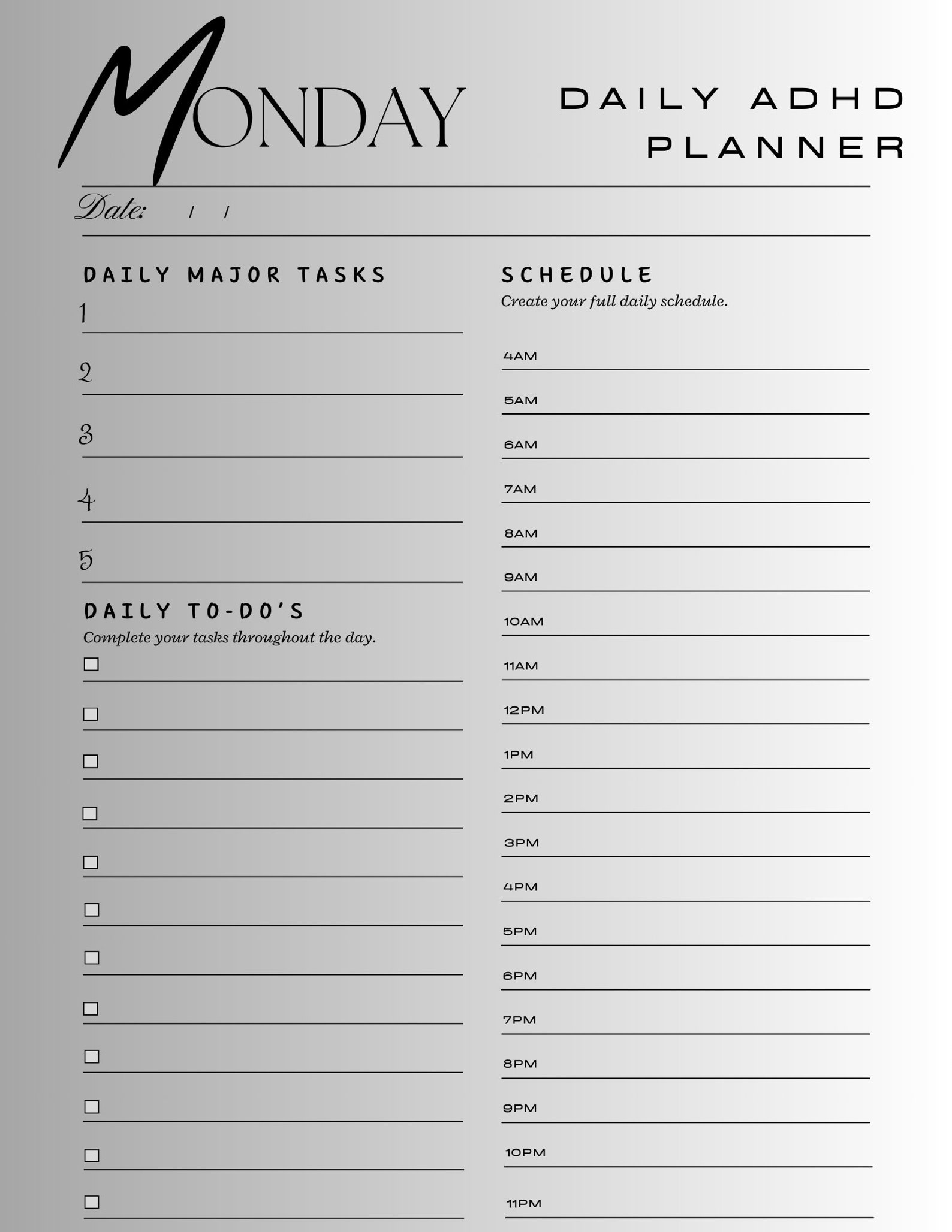 ADHD Productivity Planner Printable, Time Management Tracker, Cognitive ...