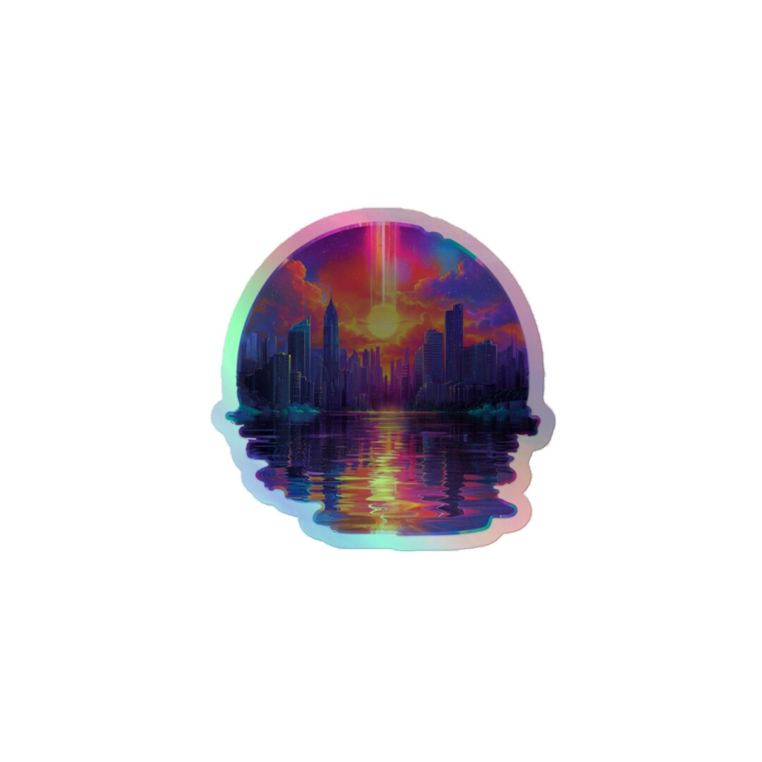 Holographic Sunset Cityscape Sticker Vibrant Reflective Urban Art Decal ...