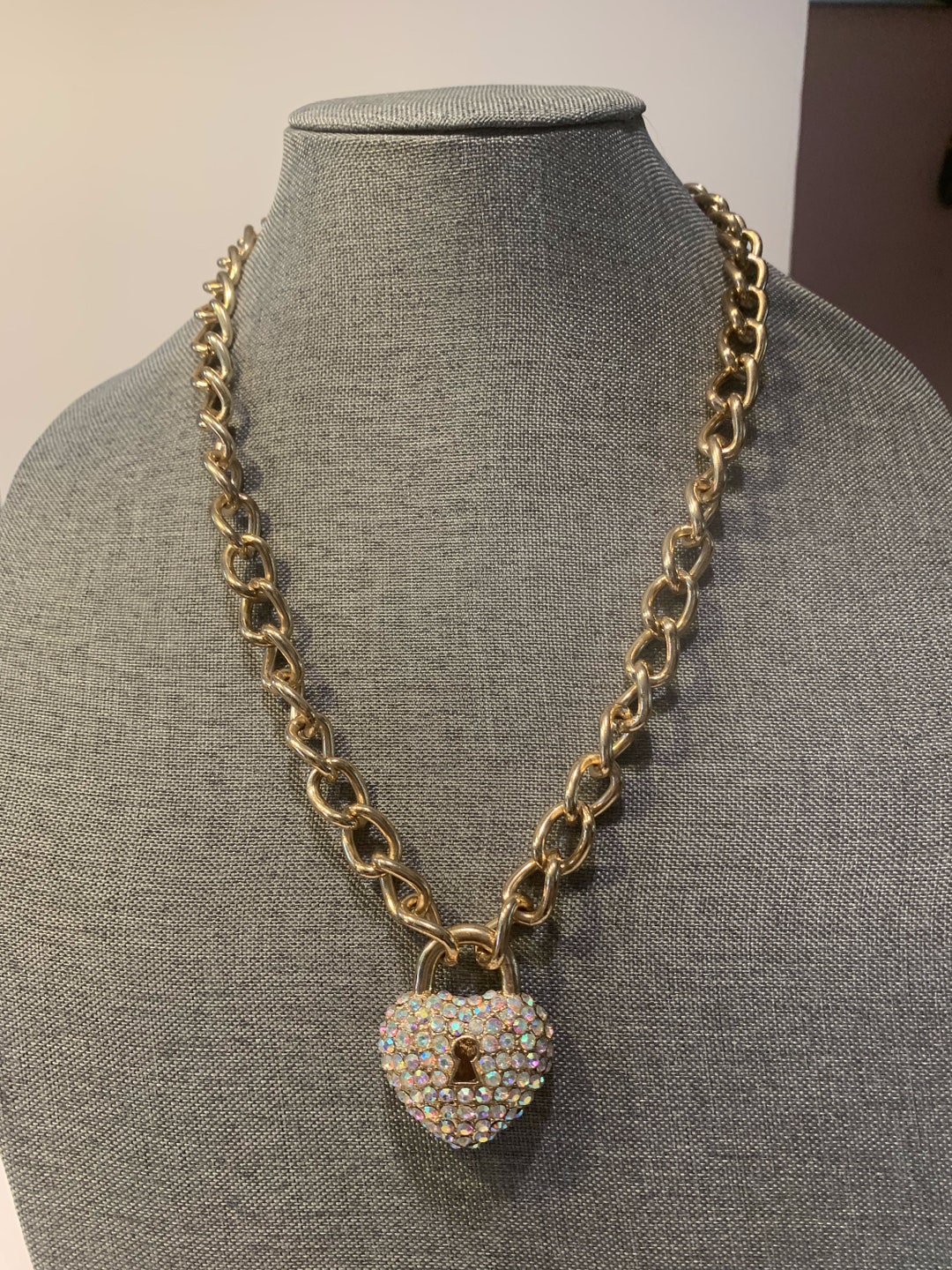 Aurora Borealis Heart Lock on Gold Tone Chunky Link Necklace - Etsy