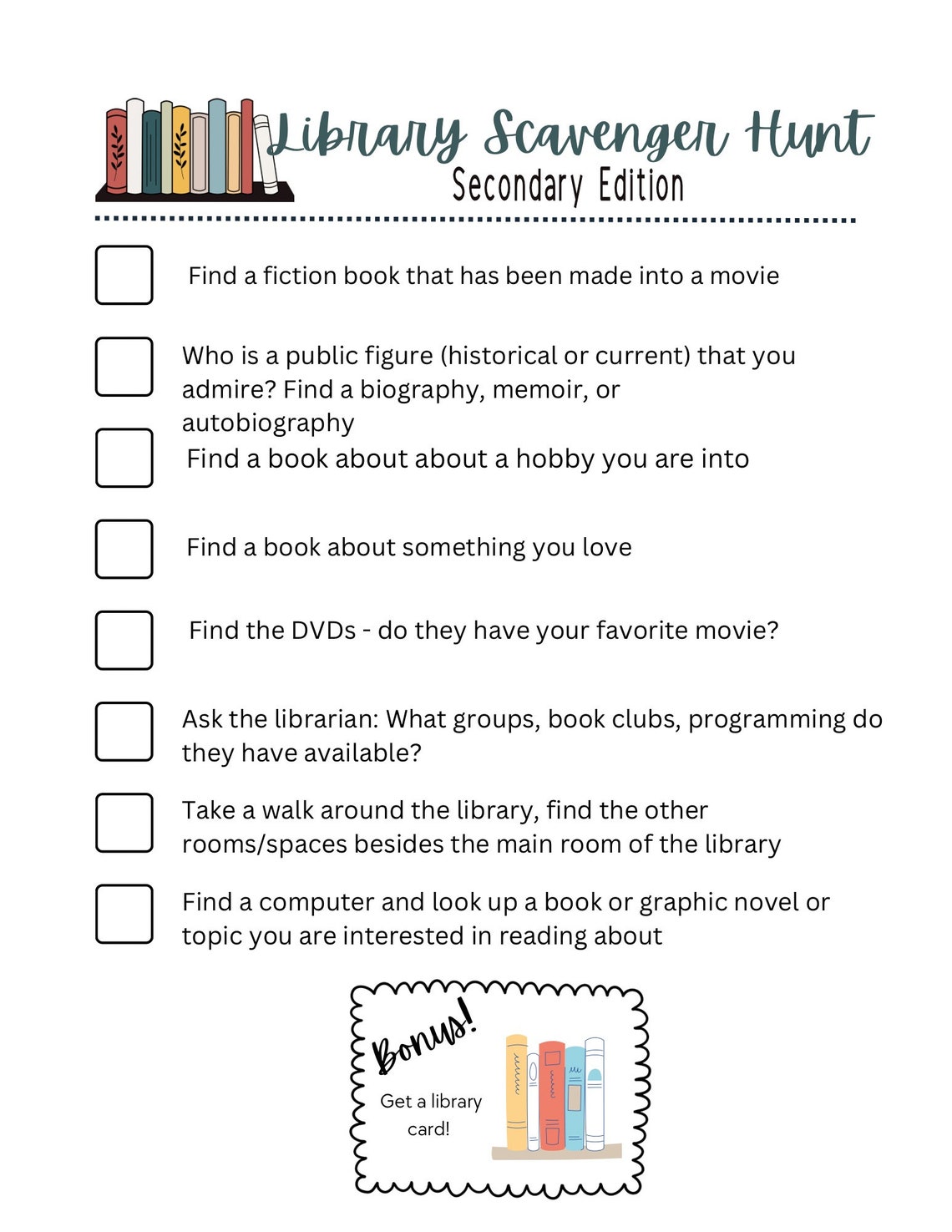 Library Scavenger Hunt - Etsy