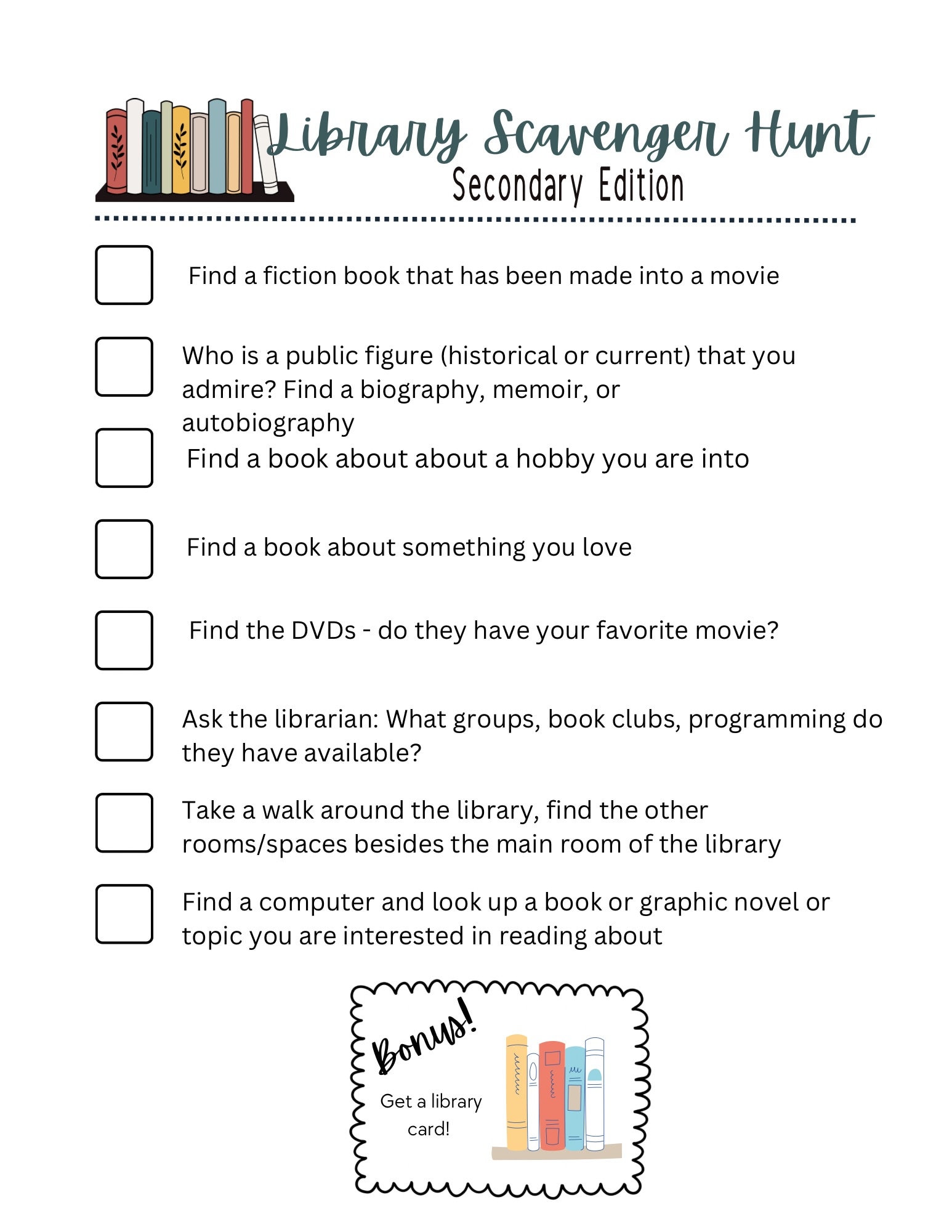 Library Scavenger Hunt - Etsy