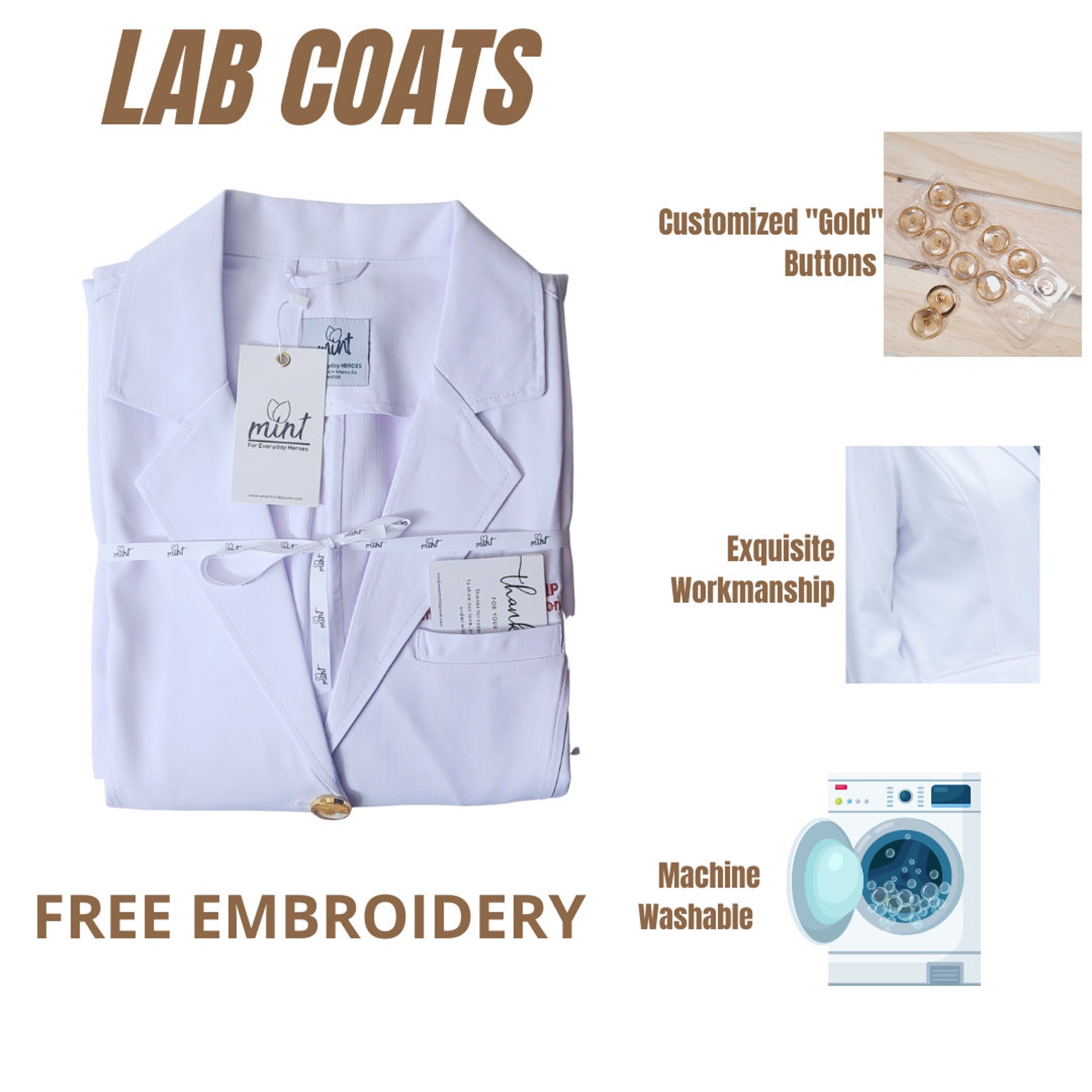 Lab COAT, Work Clothes, Long WHITE Coat, FREE Personalized Embroidery ...