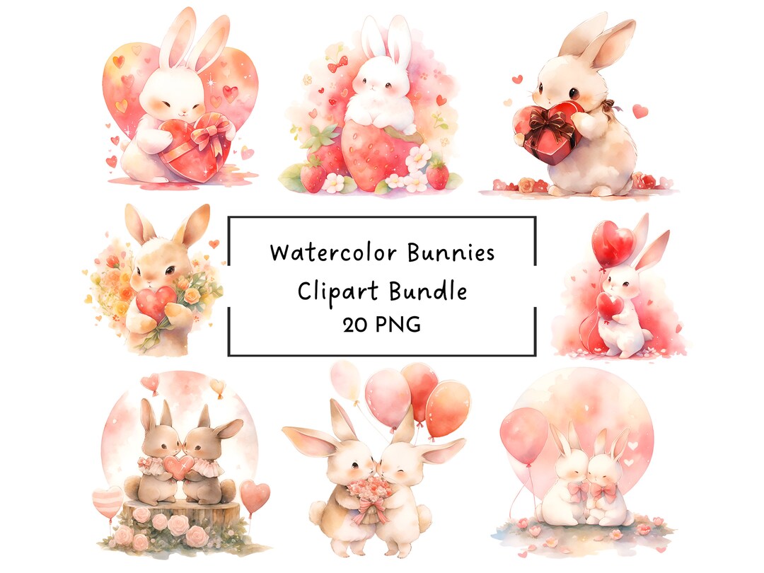 Watercolor Valentine's Day Bunnies Clipart Valentines Day Rabbit Couple ...