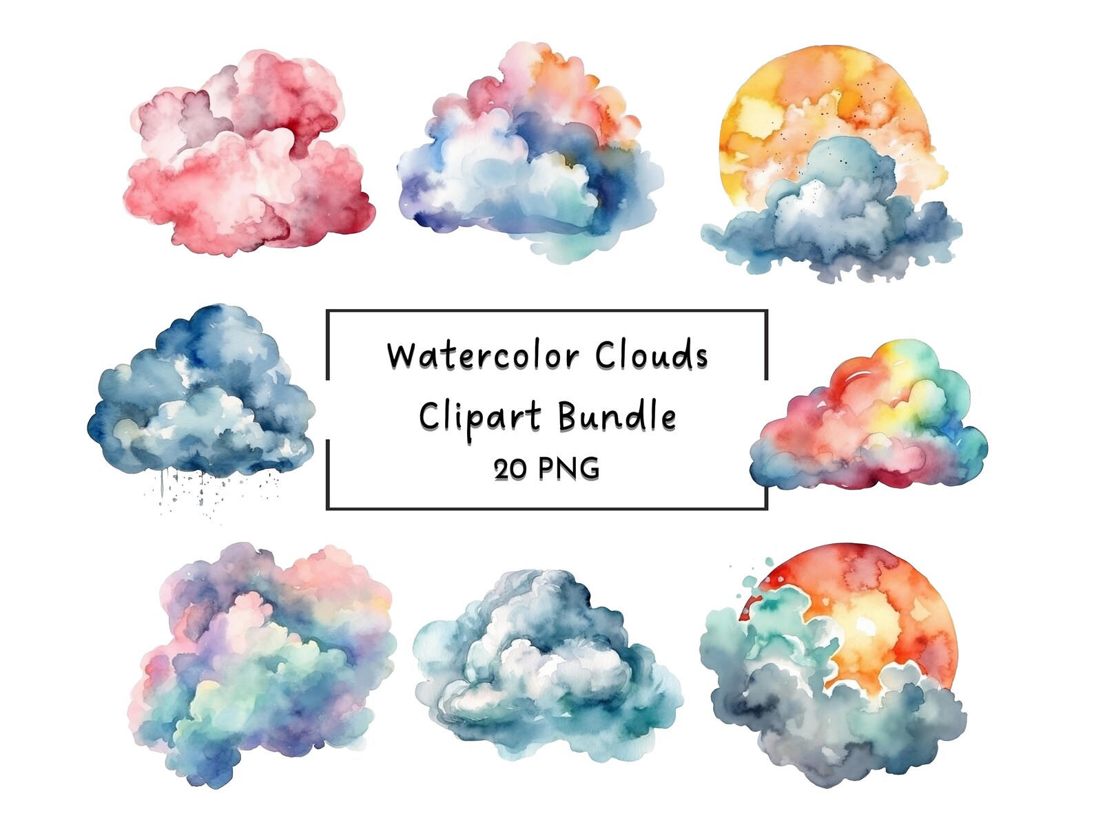Watercolor Clouds Clipart| Colorful Cloud PNG | Sun and Rain Clipart ...