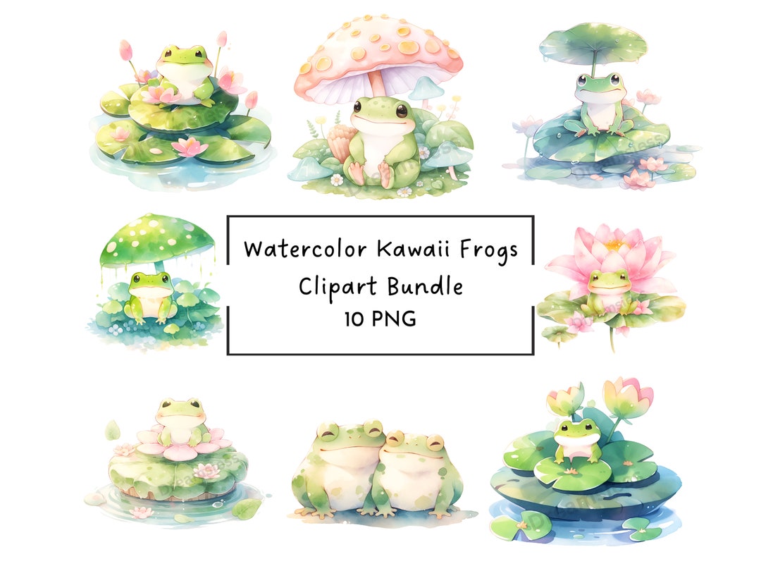 Watercolor Kawaii Frog Clipart | Cute Frog on Lily Pad Clipart Bundle ...