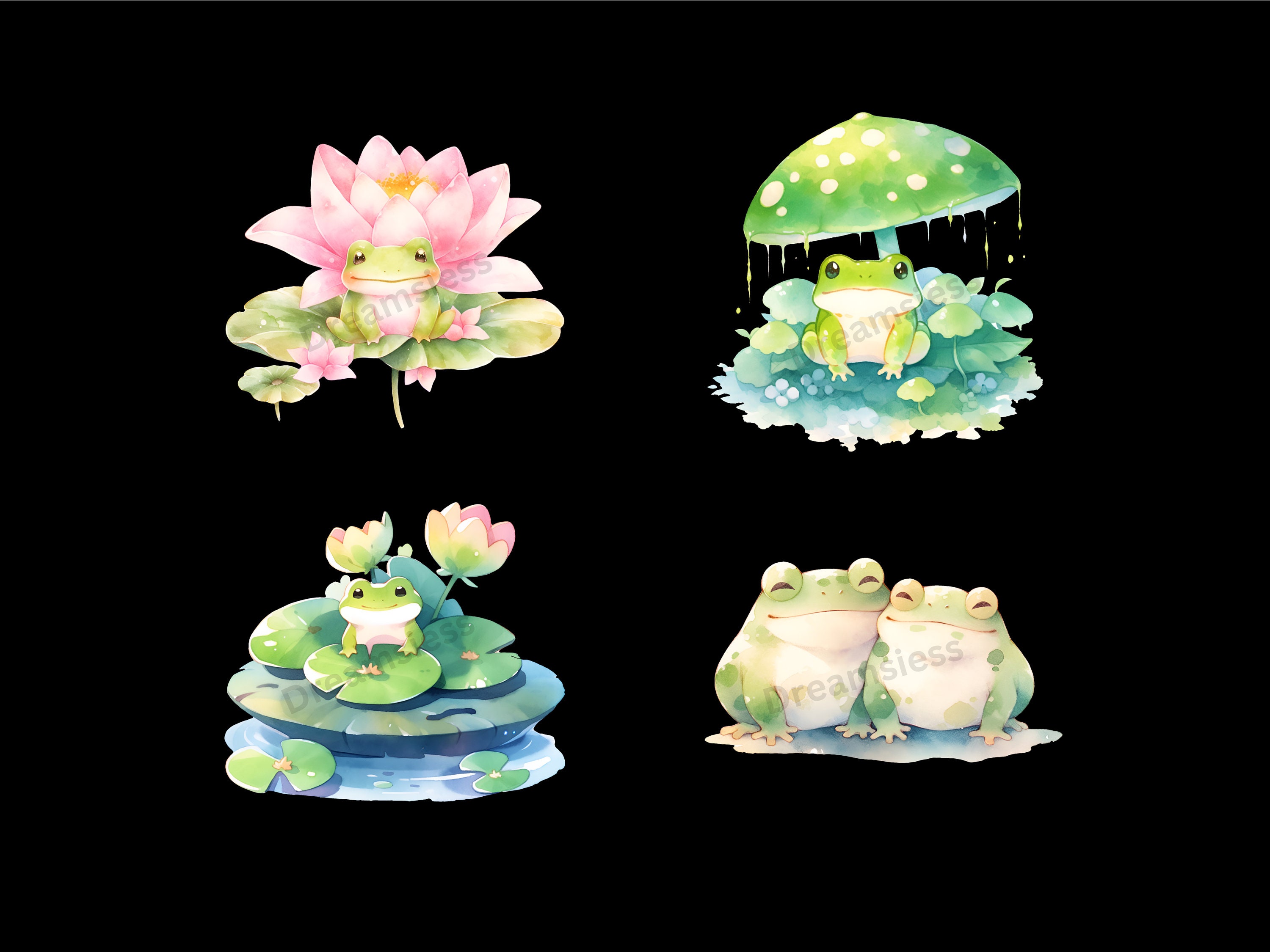 Watercolor Kawaii Frog Clipart | Cute Frog on Lily Pad Clipart Bundle ...