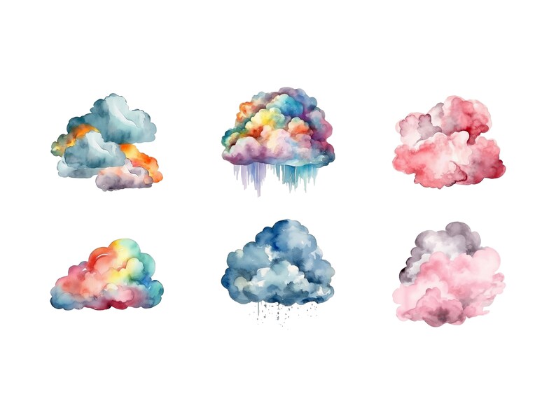 Watercolor Clouds Clipart| Colorful Cloud PNG | Sun and Rain Clipart ...