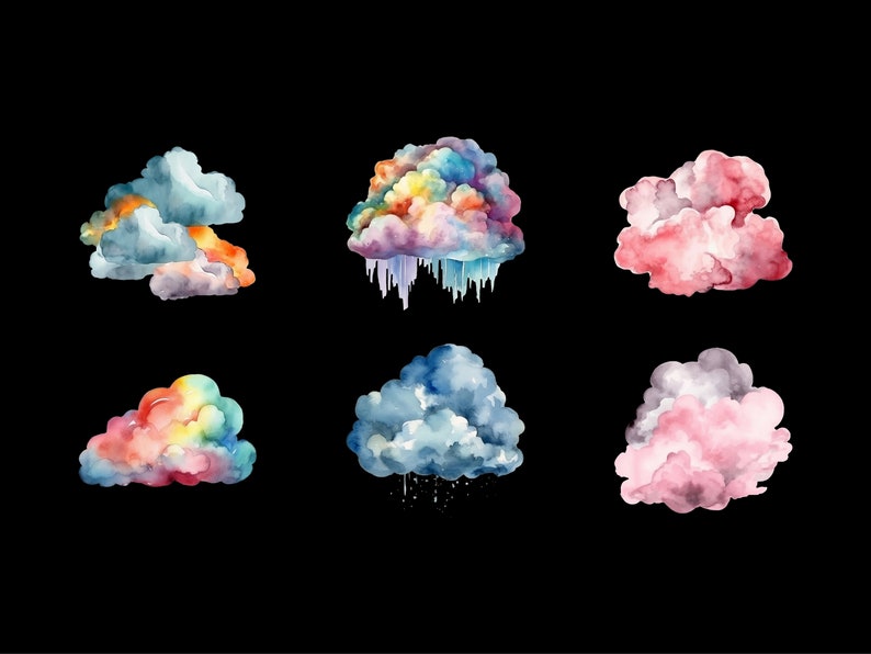 Watercolor Clouds Clipart| Colorful Cloud PNG | Sun and Rain Clipart ...