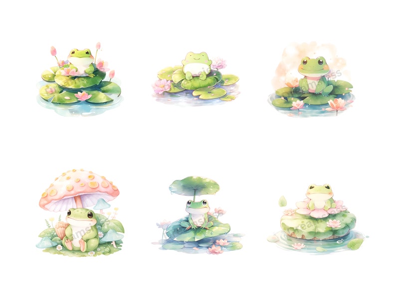 Watercolor Kawaii Frog Clipart Cute Frog on Lily Pad Clipart Bundle ...