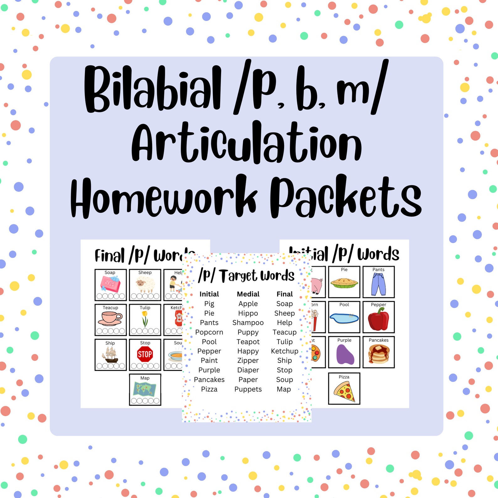 Bilabial /p, B, M/ Articulation Packets Flashcards, Worksheets & More ...