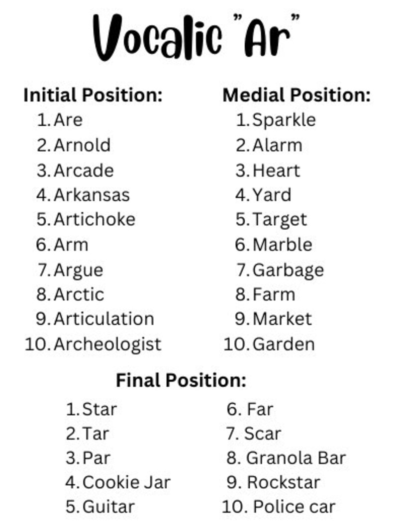 R Articulation Lists Prevocalic and Vocalic R All Positions Included - Etsy
