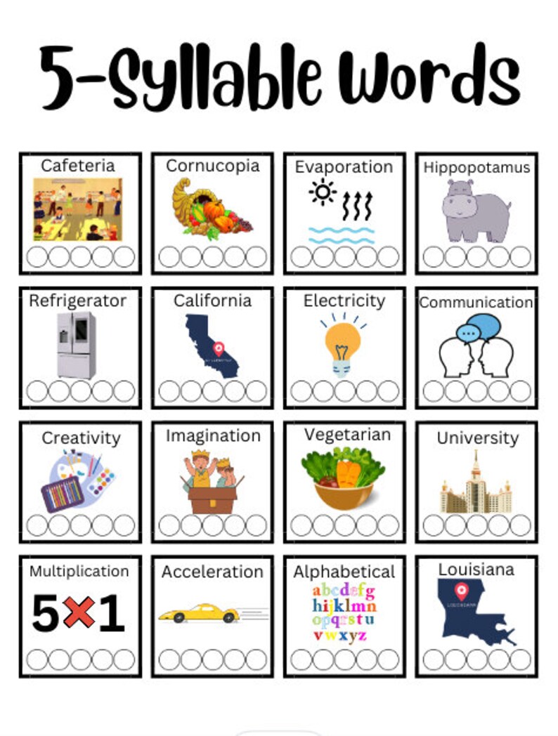 Multisyllable Articulation Packets 4 and 5 Syllable Flashcards ...