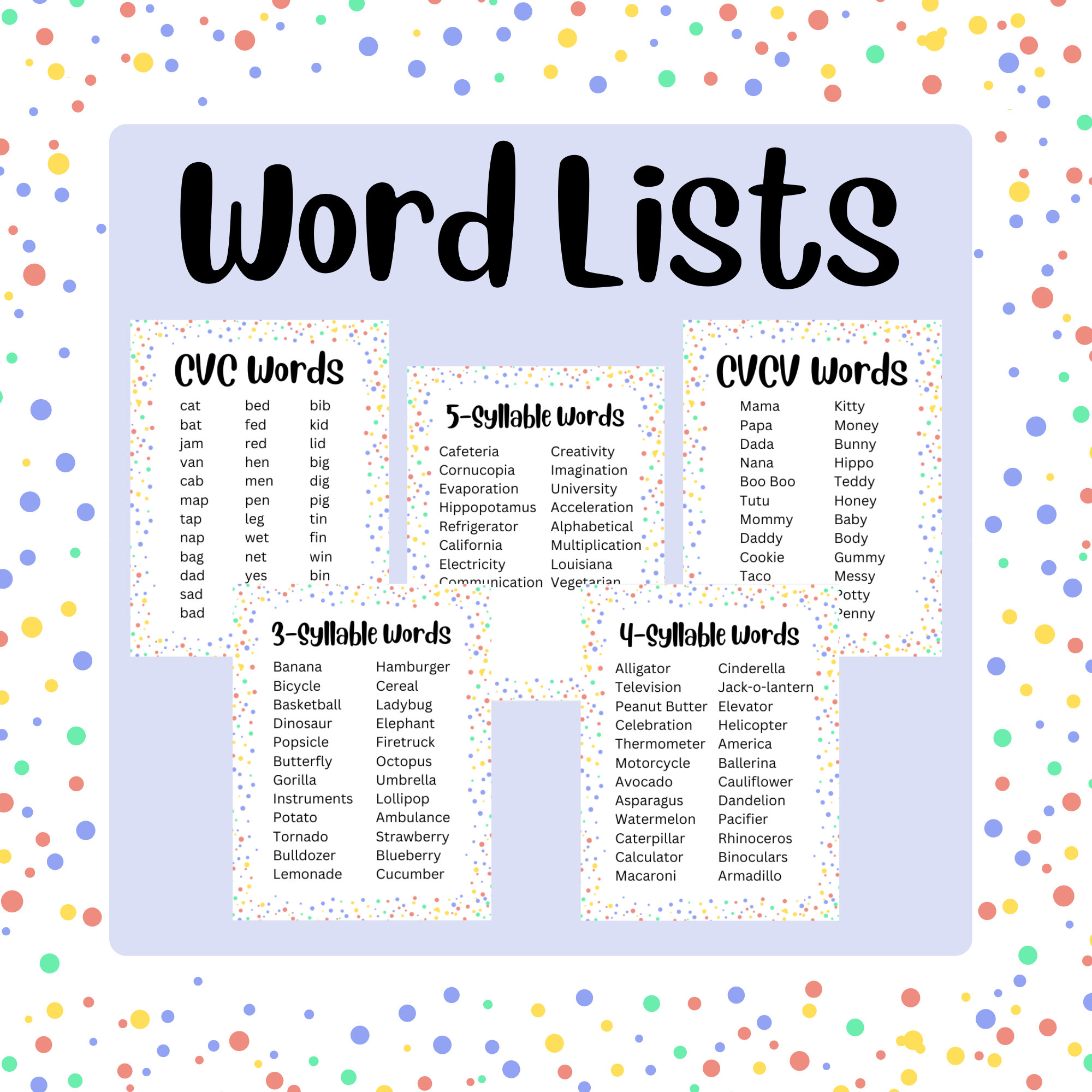 Articulation Word Lists CVC, CVCV, 3-5 Syllable Words & Data Sheets - Etsy