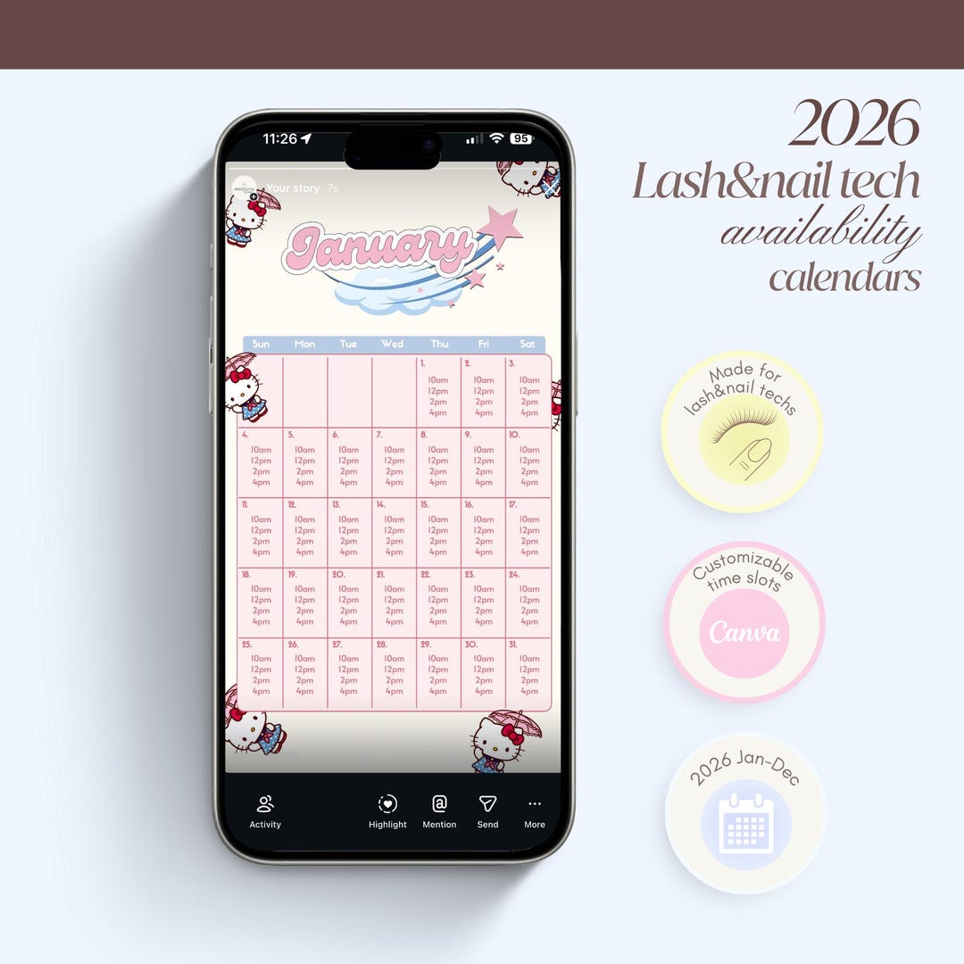 2026 Lash & Nail Tech Availability Calendars, Availability Canva ...