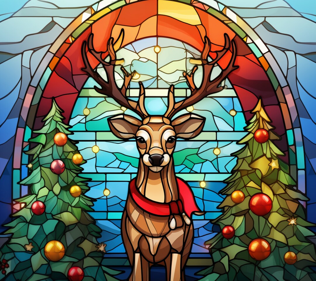 Radiant Reindeer Christmas Stained Glass Digital Art Print - Etsy