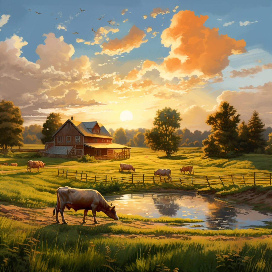 Sunset Serenity Pastoral Farm and Cattle Canvas Digital Art AI Digital ...