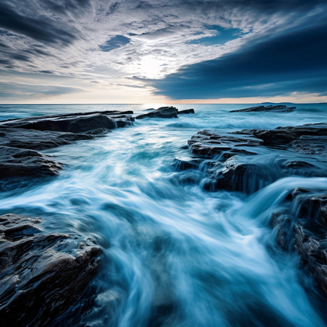 Ethereal Tides: Ocean Waves Over Rocky Shores Canvas Digital Art AI ...