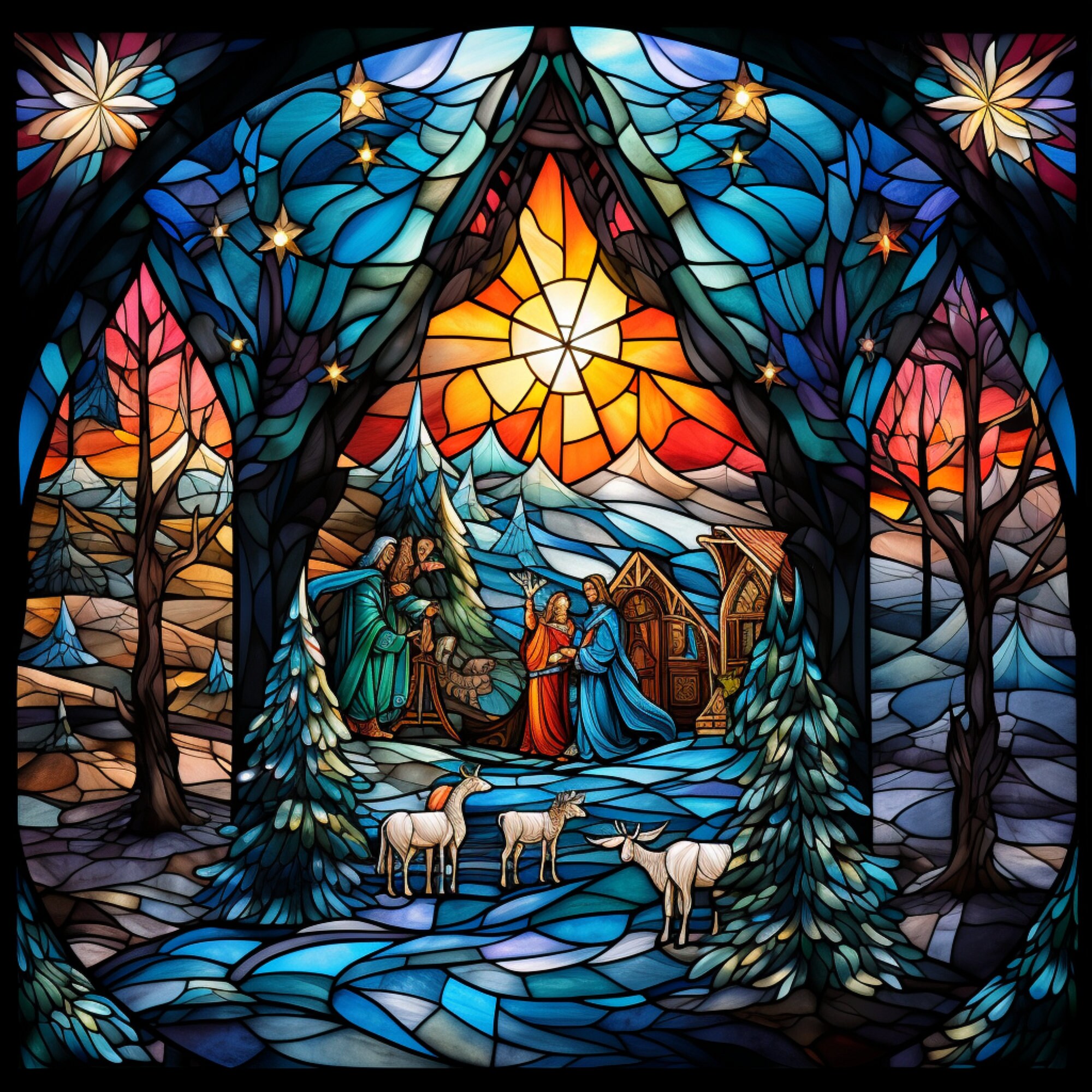 Nativity Scene Christmas Stained Glass Digital Art Print AI Digital ...