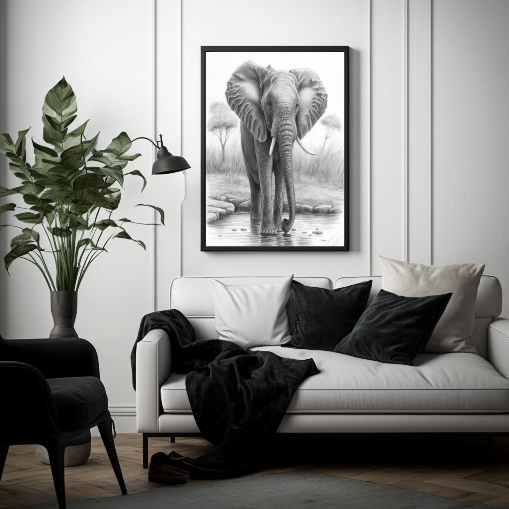 Elephant Pencil Sketch AI Digital Download Digital Art Animal Digital ...