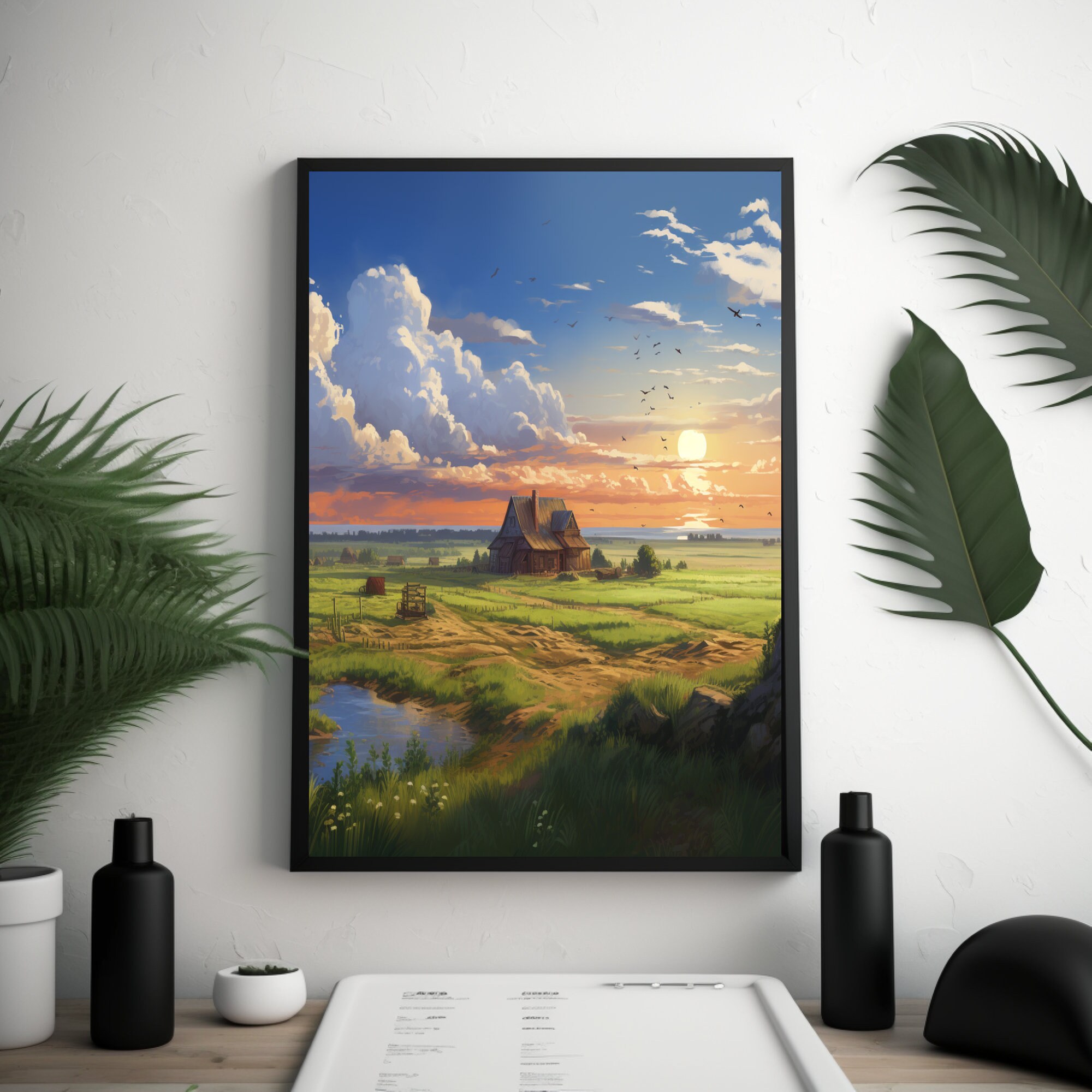 Countryside Elegance: Twilight Homestead Canvas Digital Art AI Digital ...