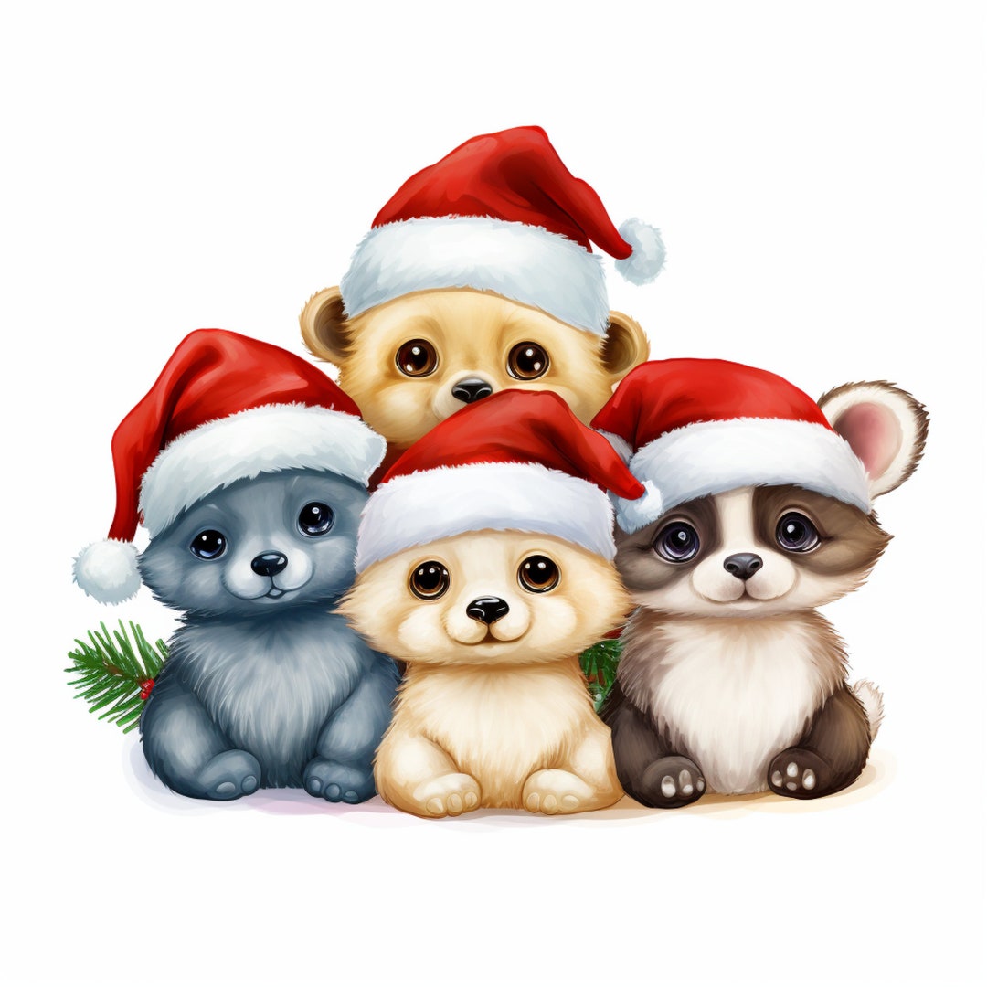 Christmas Animals Santa Hats Watercolor AI Digital Download Digital Art ...