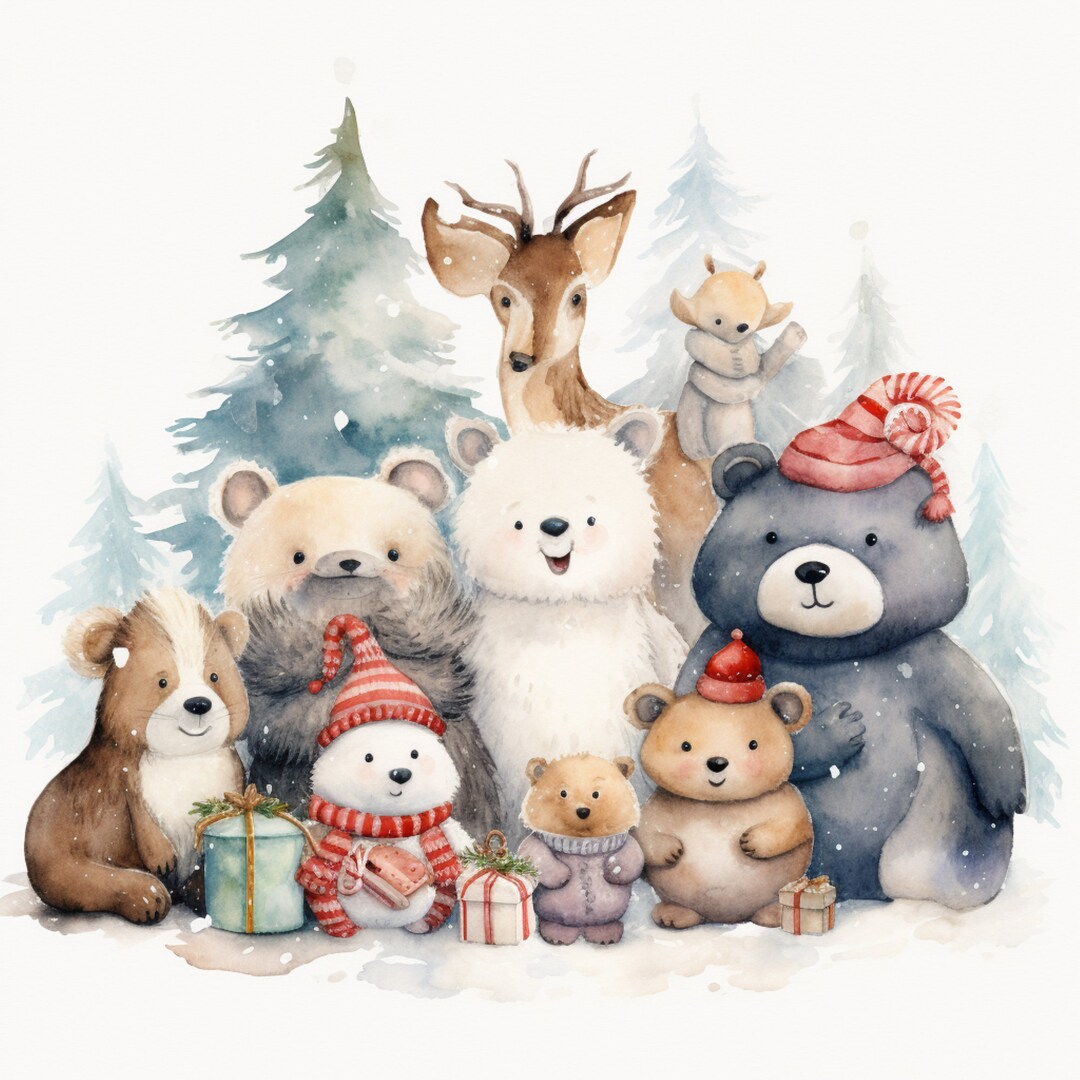 Christmas Animals Santa Hats Watercolor AI Digital Download Digital Art ...